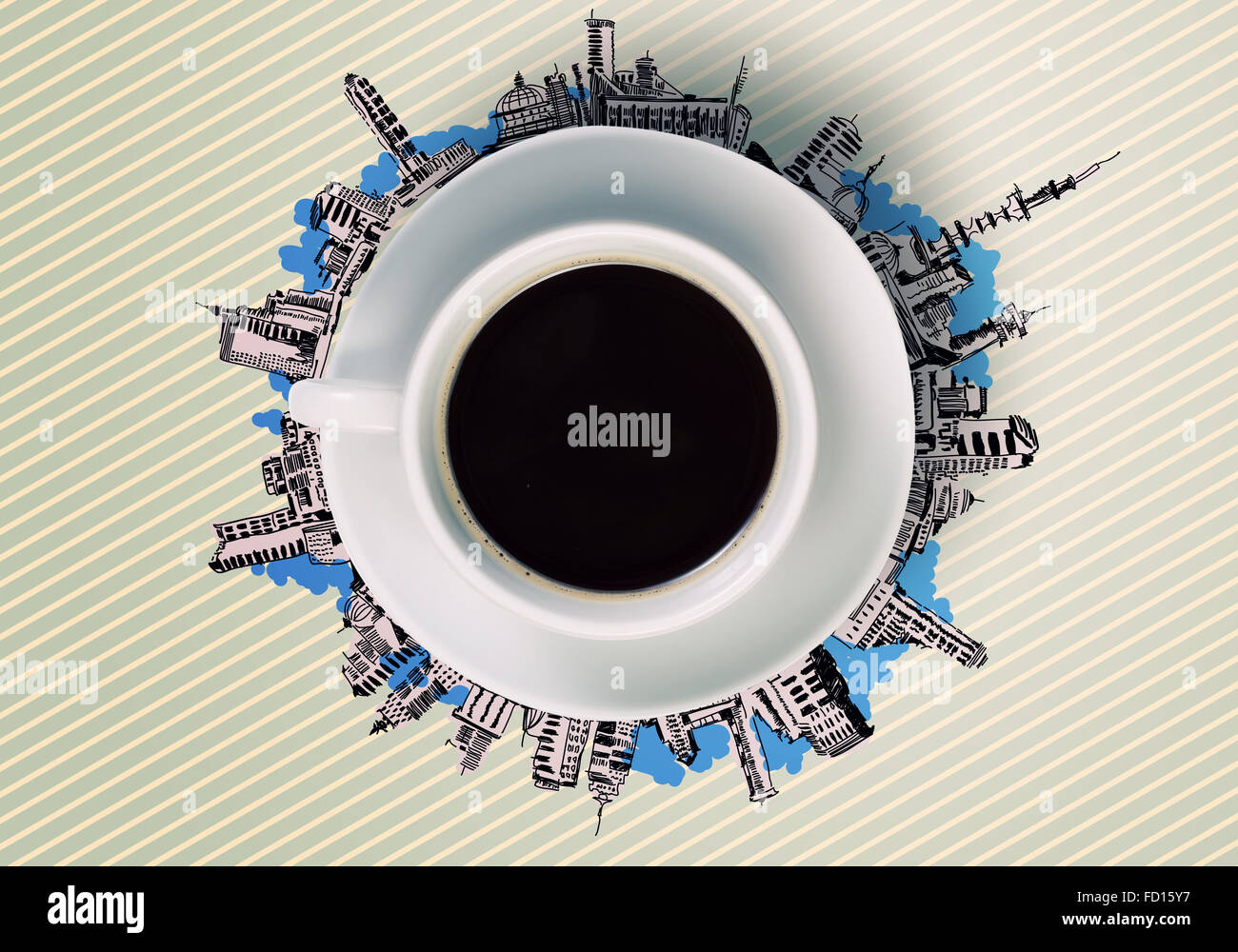 White cup of coffee and building sketches around Stock Photo - Alamy