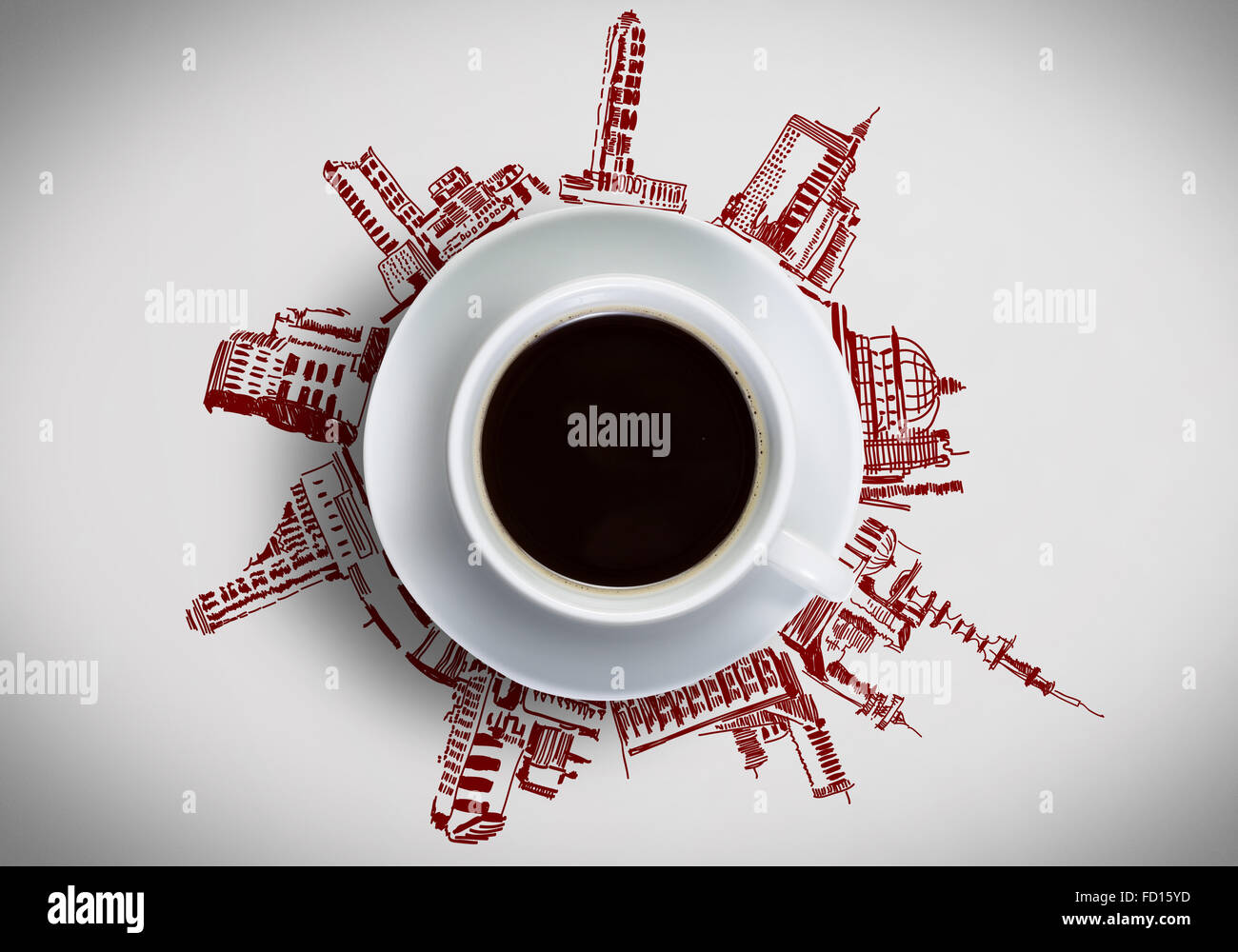 White cup of coffee and building sketches around Stock Photo - Alamy
