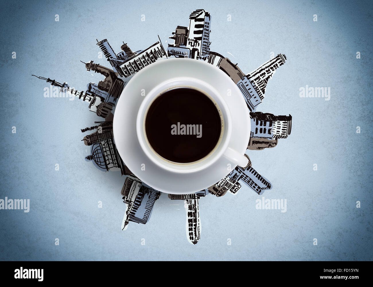 White cup of coffee and building sketches around Stock Photo - Alamy