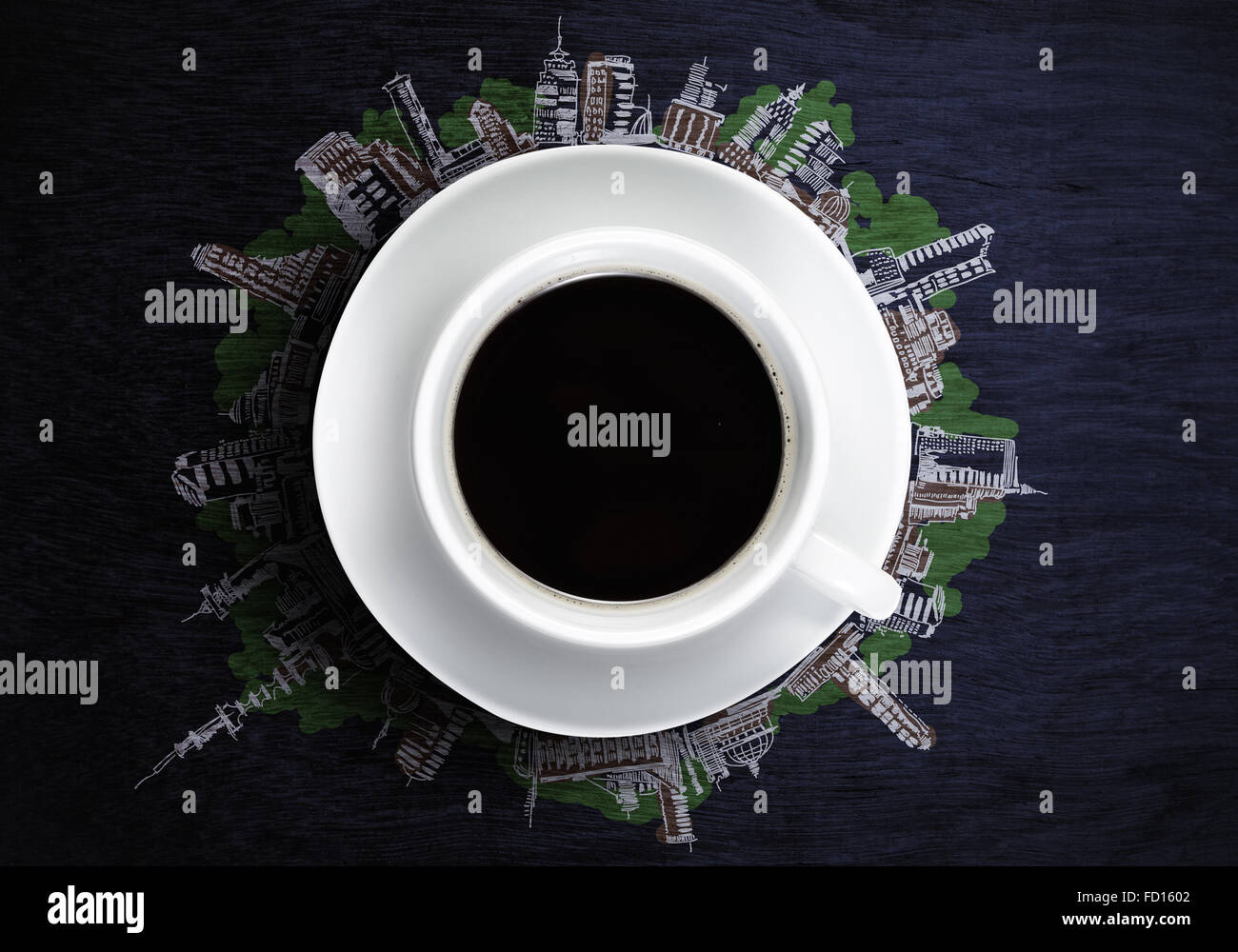 White cup of coffee and building sketches around Stock Photo - Alamy