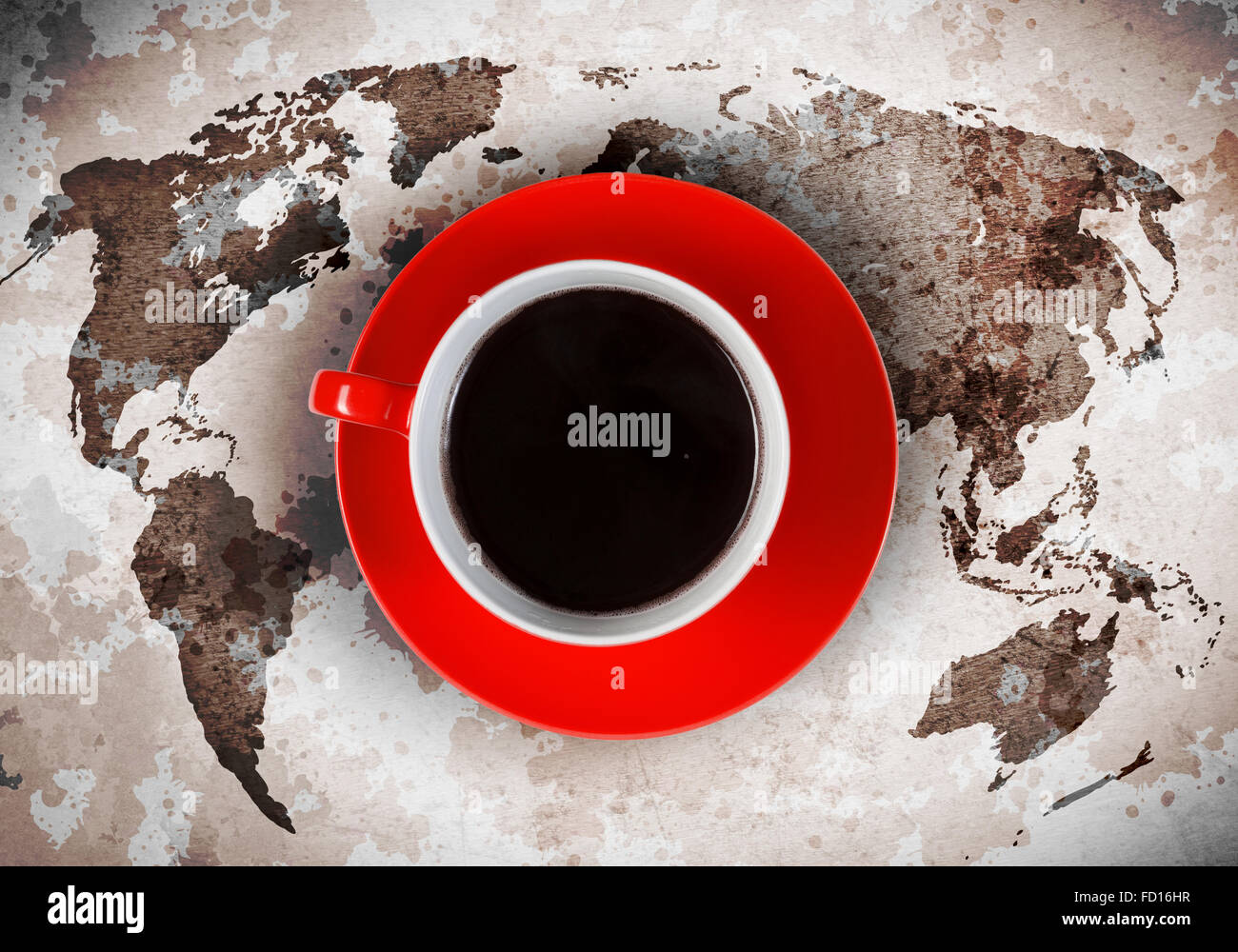 Close up of cup of coffee and world map at background Stock Photo - Alamy