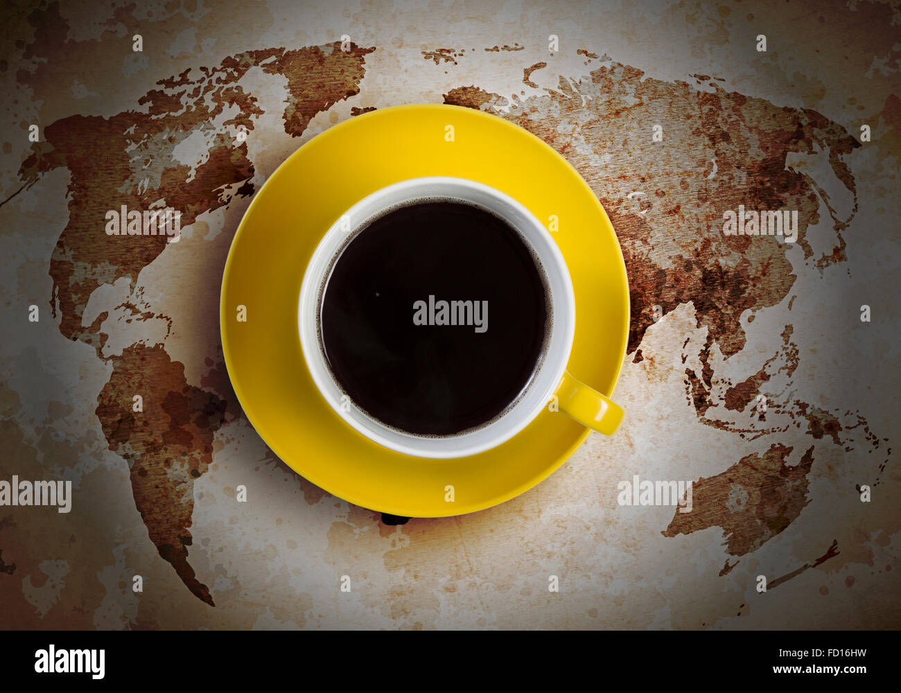 Close up of cup of coffee and world map at background Stock Photo - Alamy