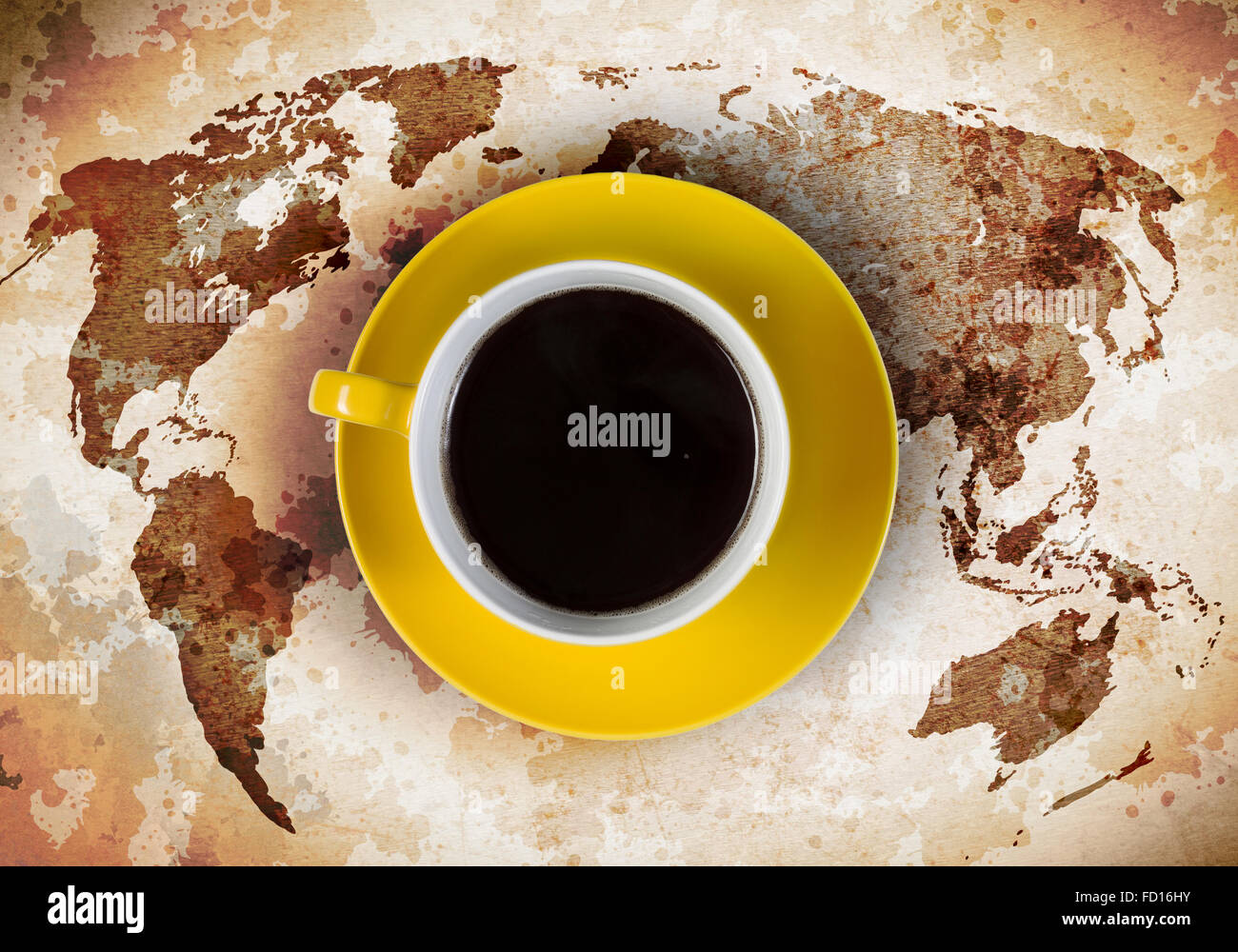 Close up of cup of coffee and world map at background Stock Photo - Alamy