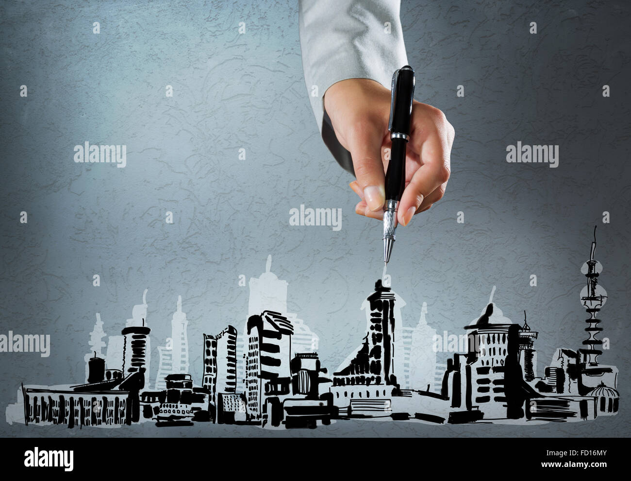 Close up of hand drawing with pen construction sketches Stock Photo - Alamy