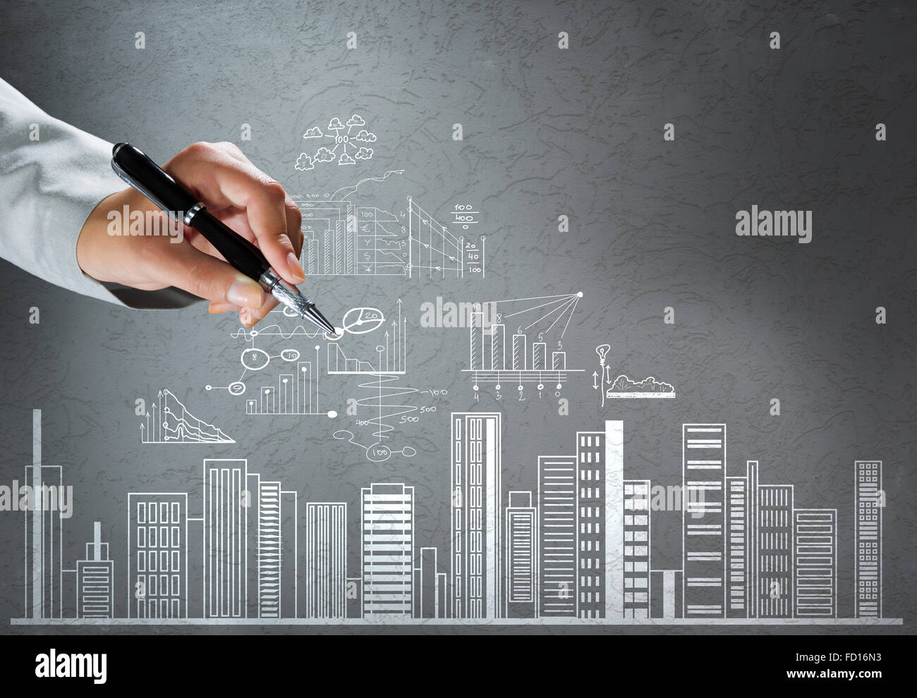 Close up of hand drawing with pen construction sketches Stock Photo - Alamy