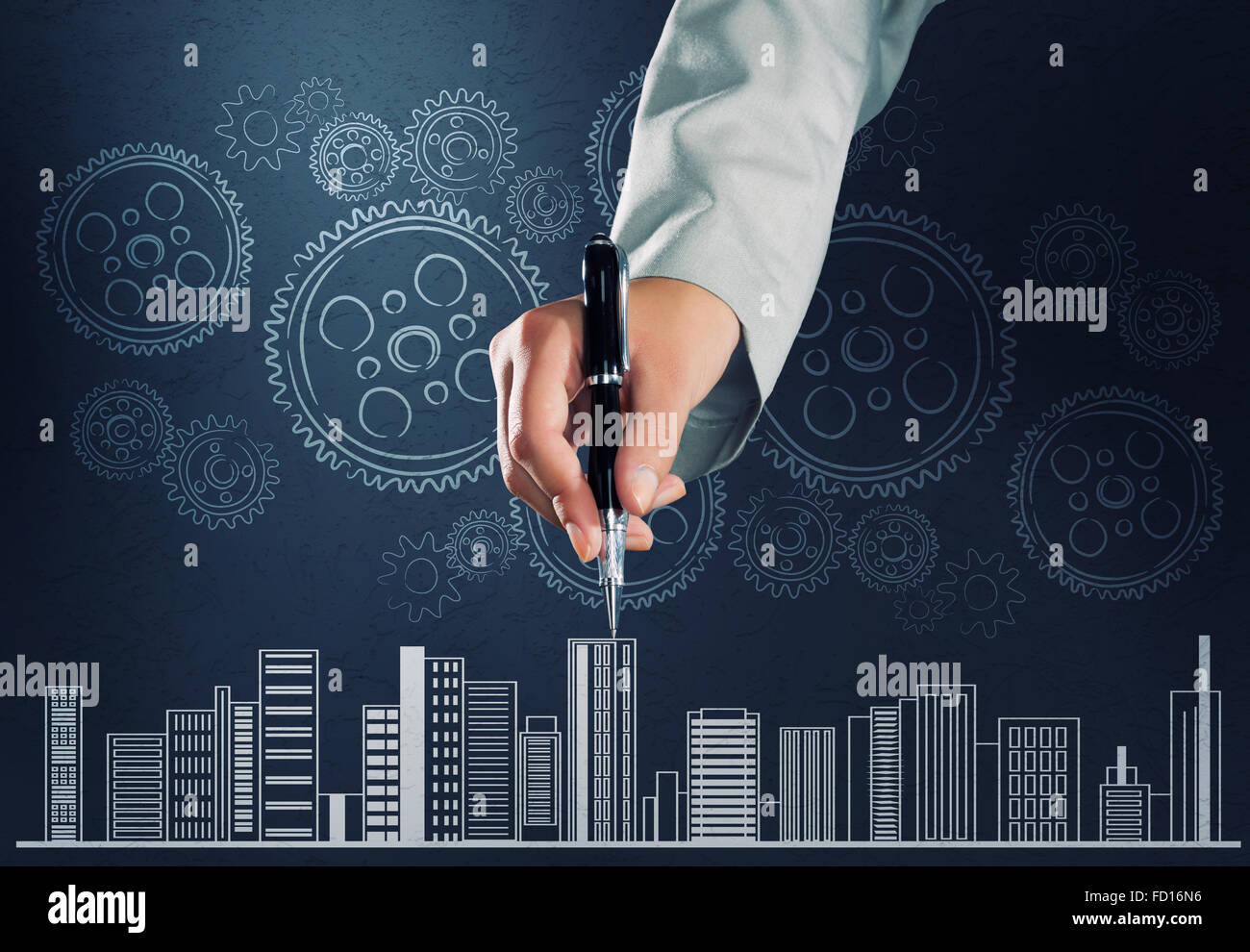 Close up of hand drawing with pen construction sketches Stock Photo - Alamy