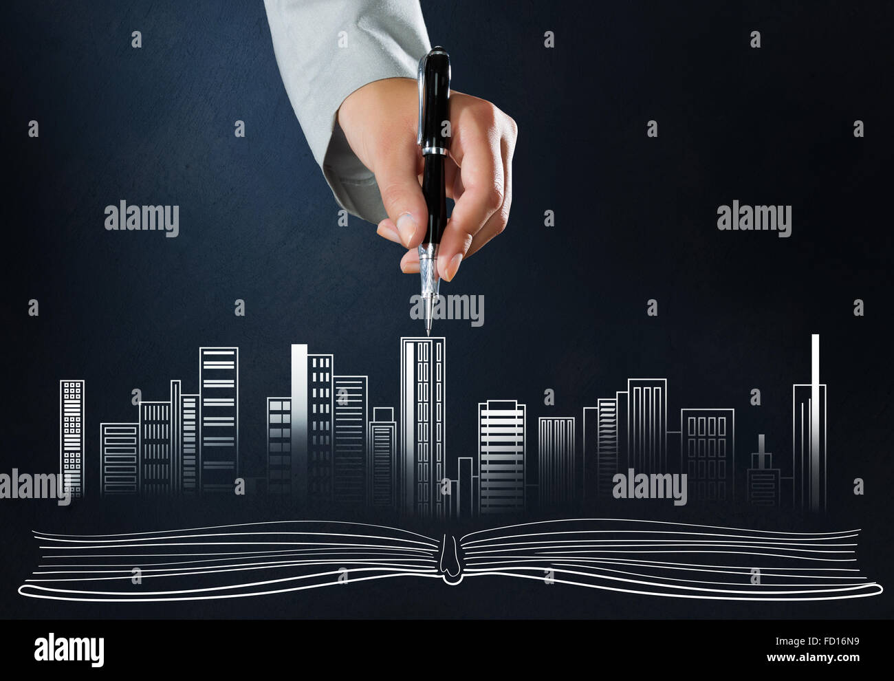 Close up of hand drawing with pen construction sketches Stock Photo - Alamy