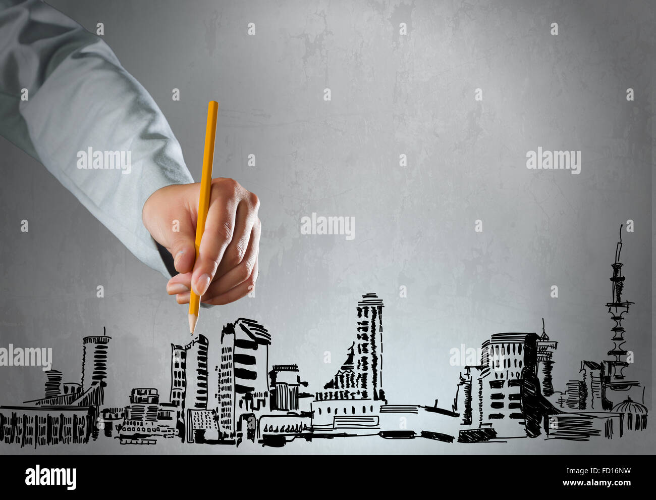 Close up of hand drawing with pen construction sketches Stock Photo - Alamy