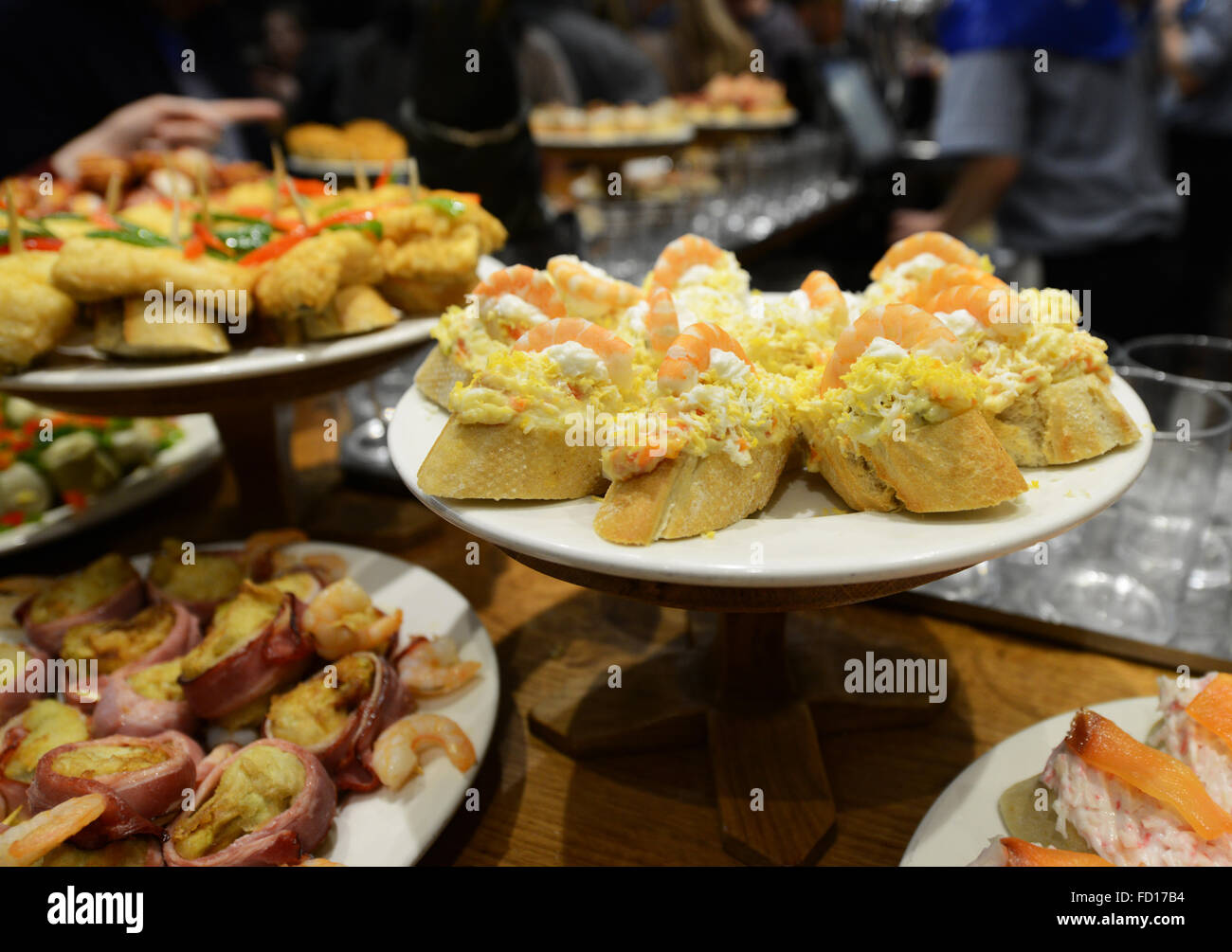 Pintxos served on the bar of a popular pintxo bar in San Sebastian ...