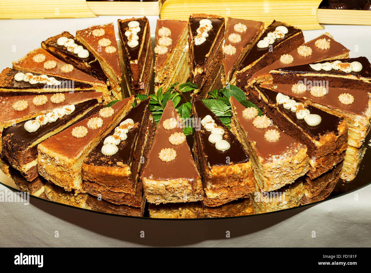 Authentic Shortcake Cake, mint leaves on a plate mirror, buffet ...