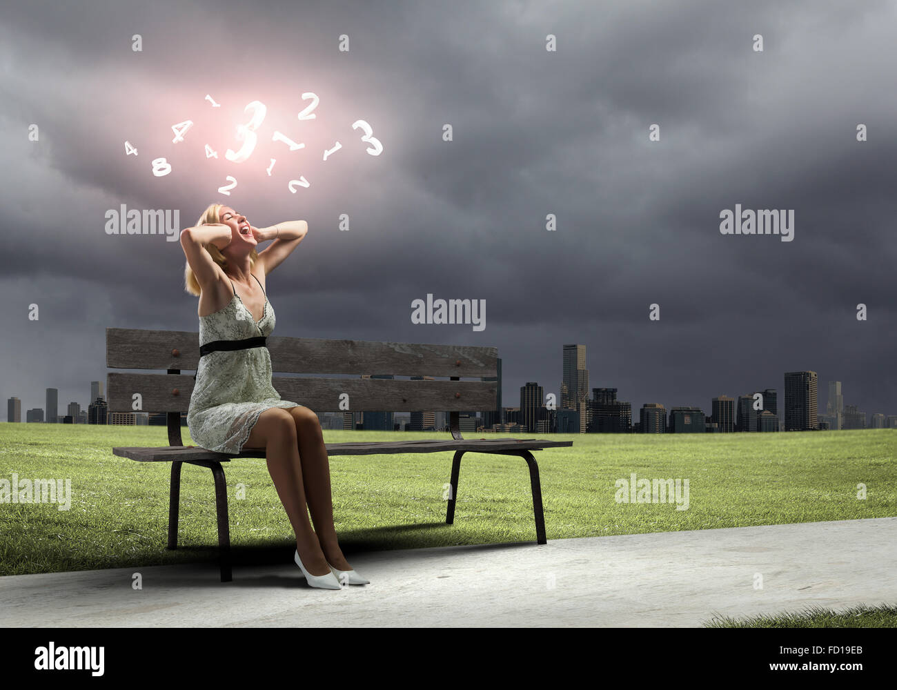 Young woman sitting on bench closing ears with palms and screaming ...