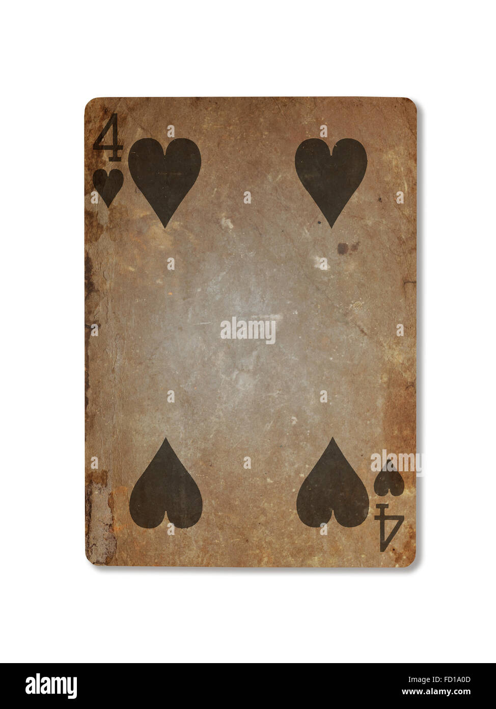Very old playing card isolated on a white background, four of hearts ...