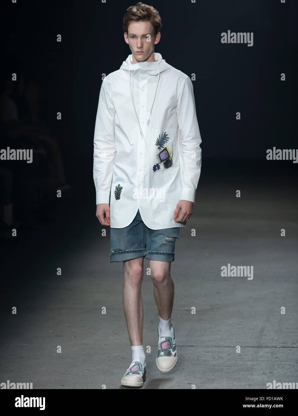 NEW YORK, NY - JULY 14, 2015: Matthew Pitt walks the runway during the ...