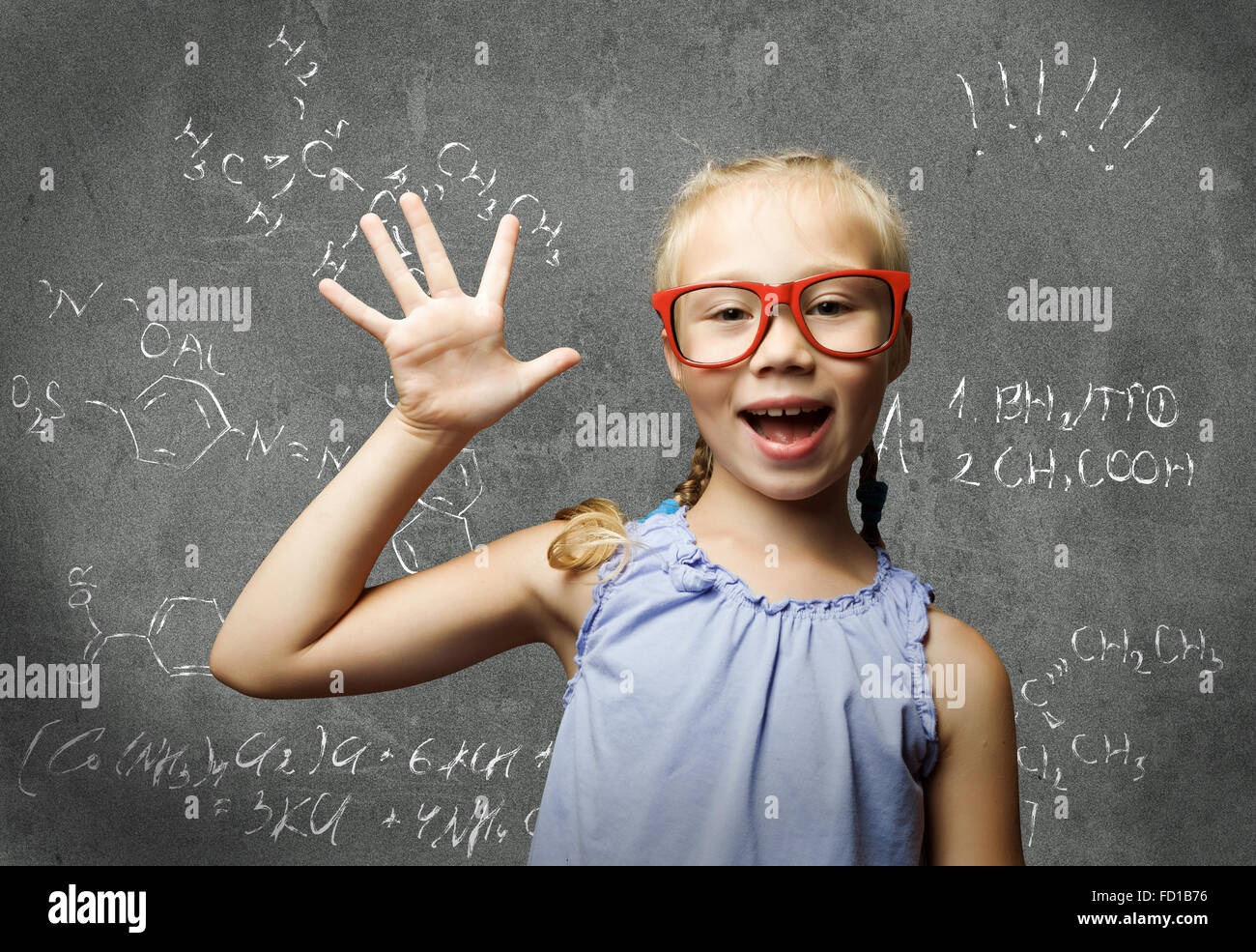 Genius girl in red glasses near blackboard with formulas Stock Photo ...