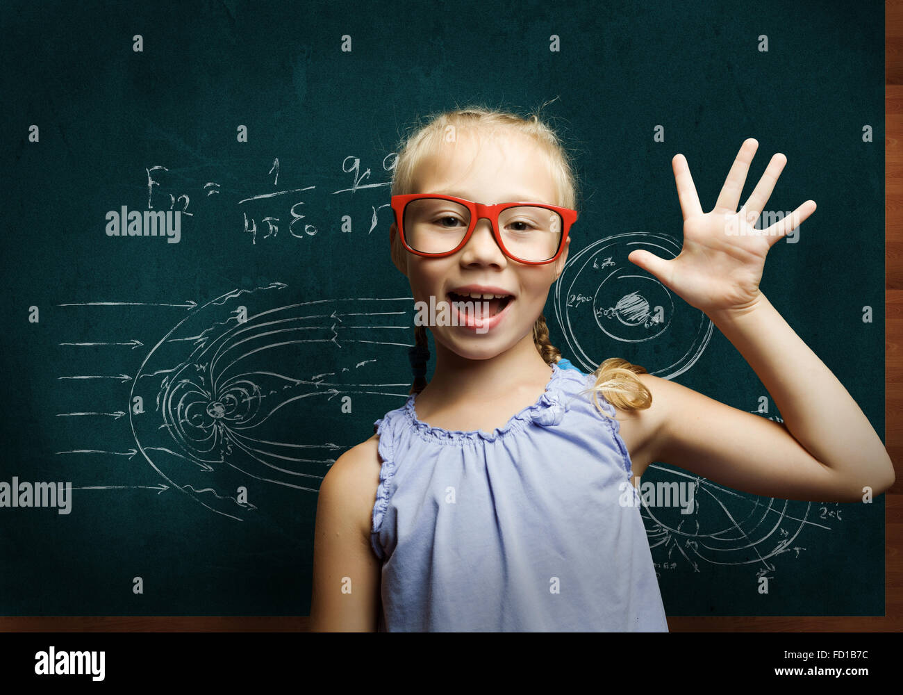 Genius girl in red glasses near blackboard with formulas Stock Photo ...