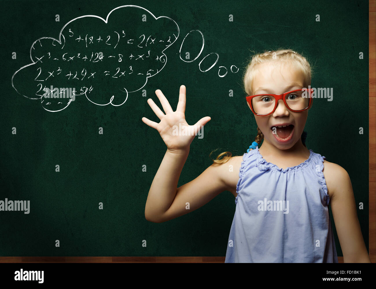 Genius girl in red glasses near blackboard with formulas Stock Photo ...