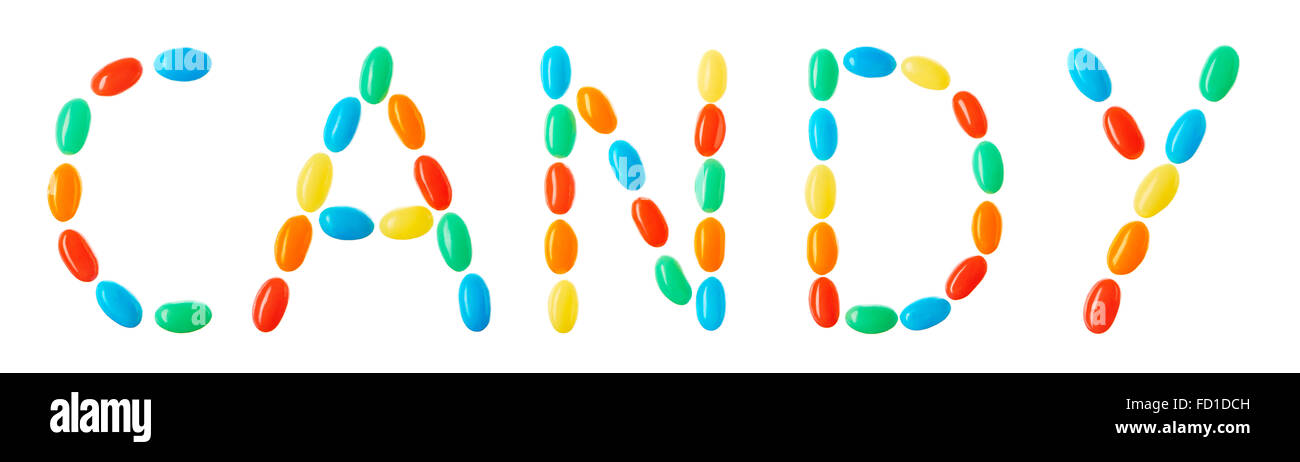 "candy" lettering made of multicolored candies isolated on white ...