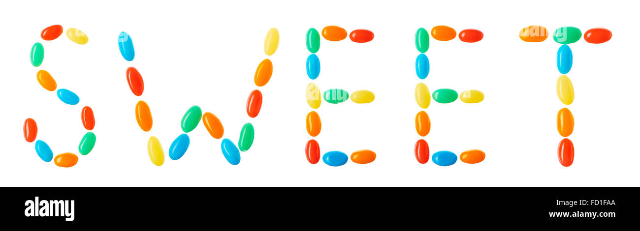 "sweet" lettering made of multicolored candies isolated on white ...