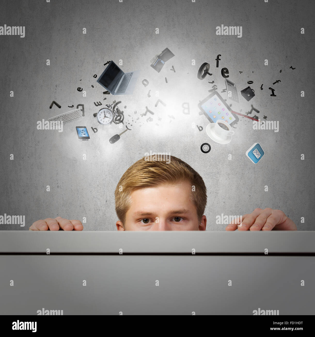 Half of face of businessman looking out from under the table Stock ...