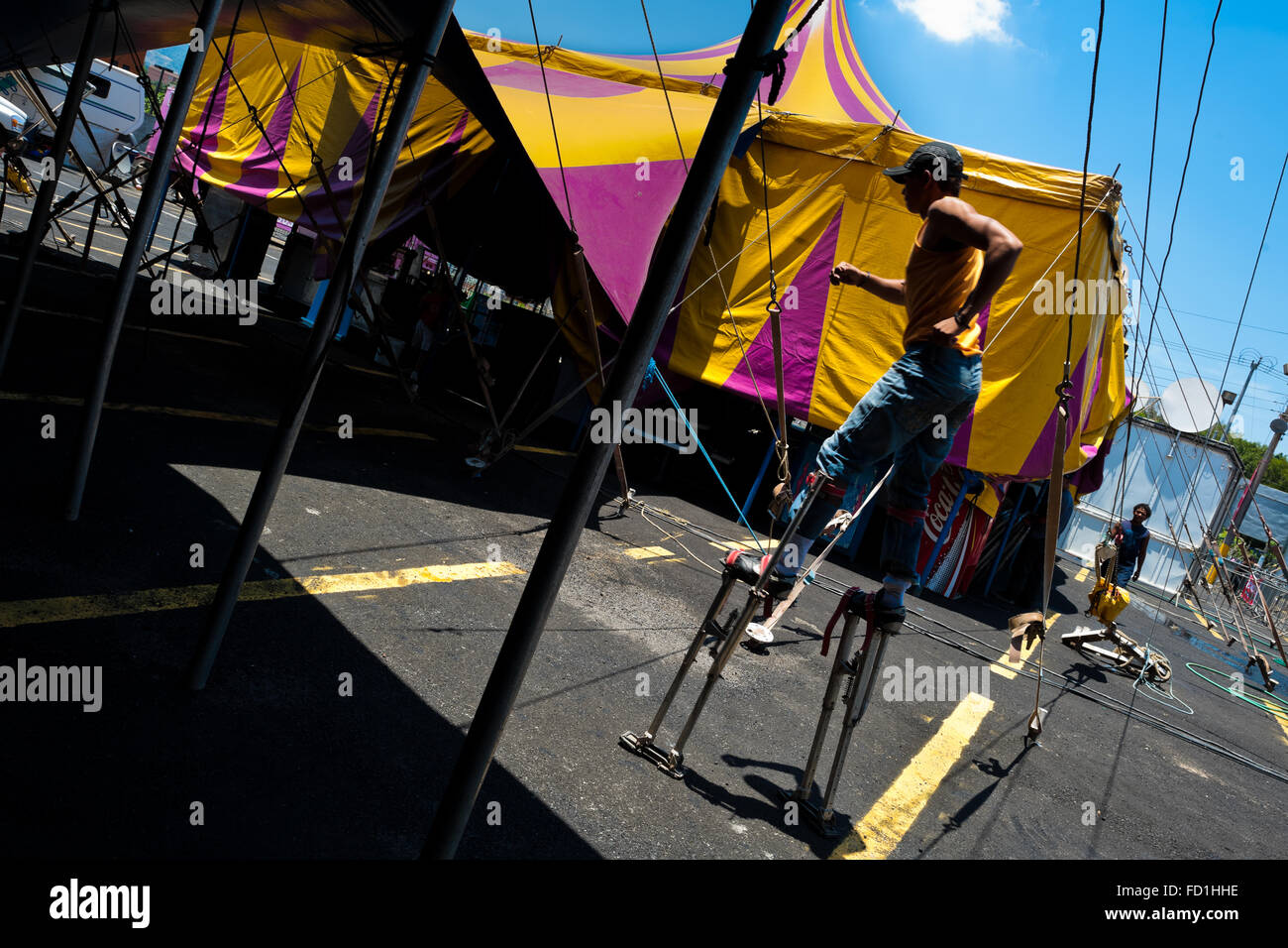 An acrobat trains stilt walking in the backstage of Circus Renato, in ...