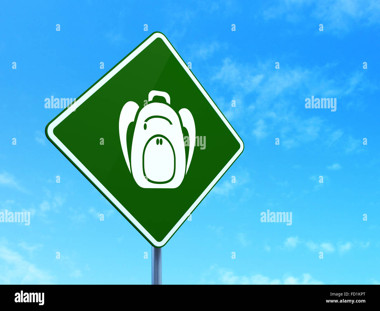 Learning concept: Backpack on road sign background Stock Photo - Alamy