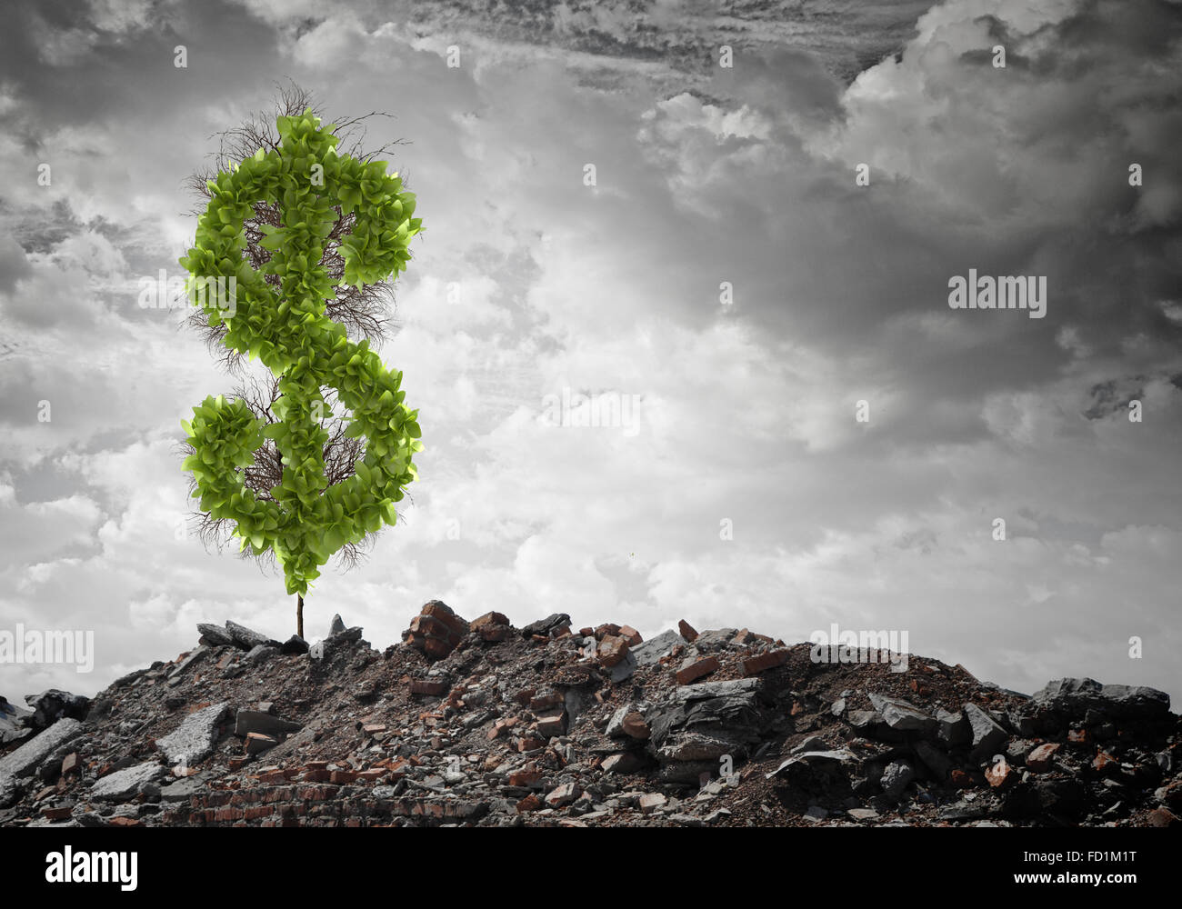 Conceptual image of green dollar sign growing on ruins Stock Photo - Alamy