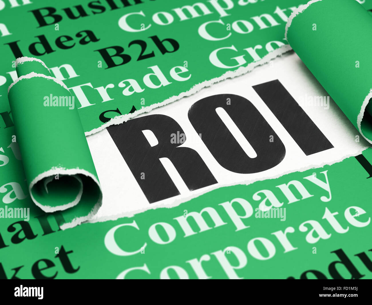 Finance concept: black text ROI under the piece of torn paper Stock ...