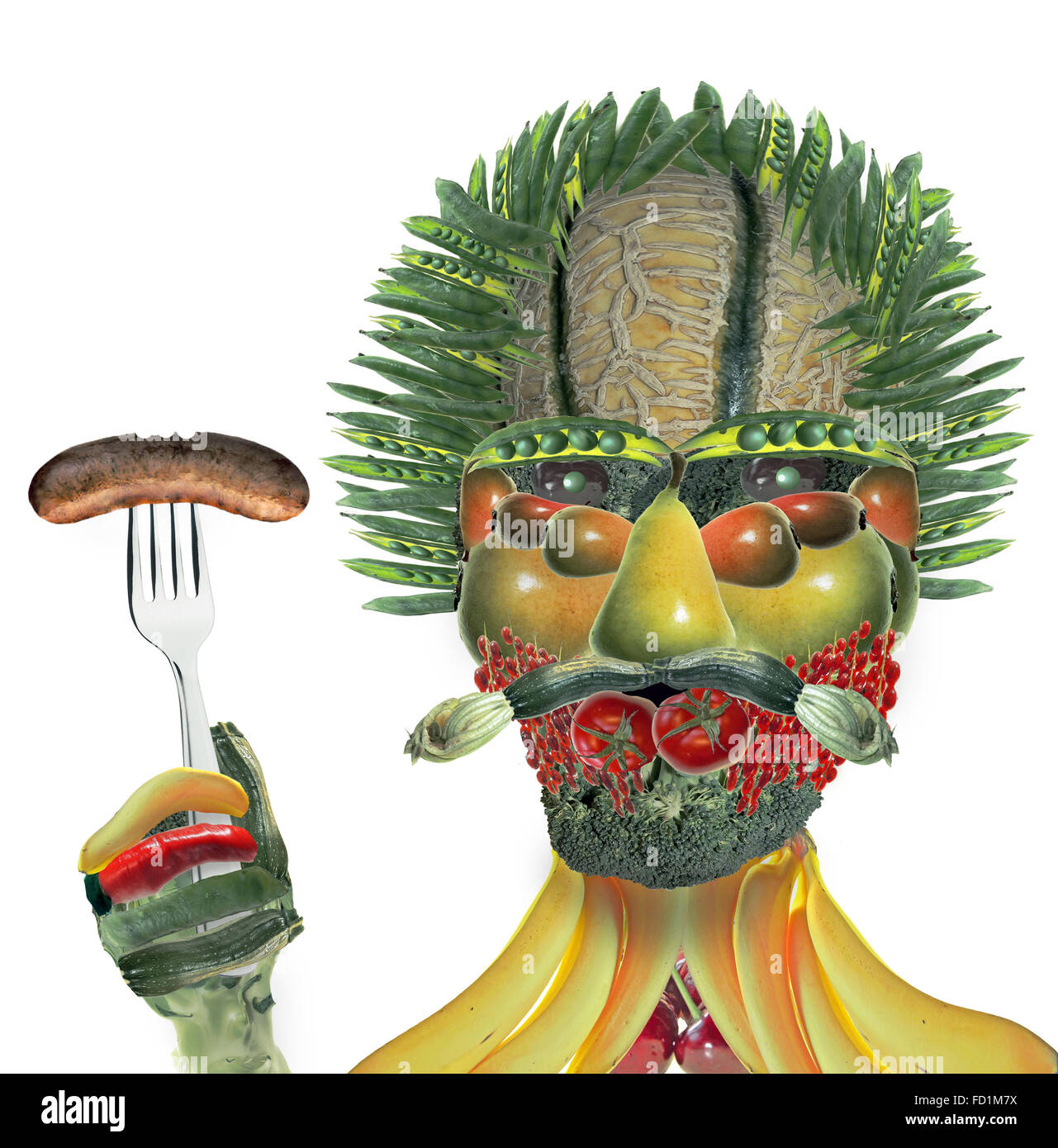 vegetable man with fork and sausage isolated on white Stock Photo - Alamy