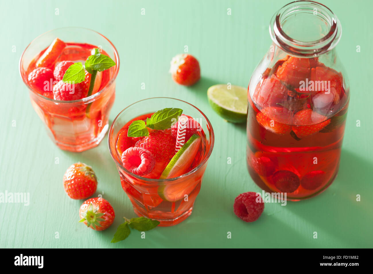 summer strawberry raspberry lemonade with lime and mint Stock Photo - Alamy