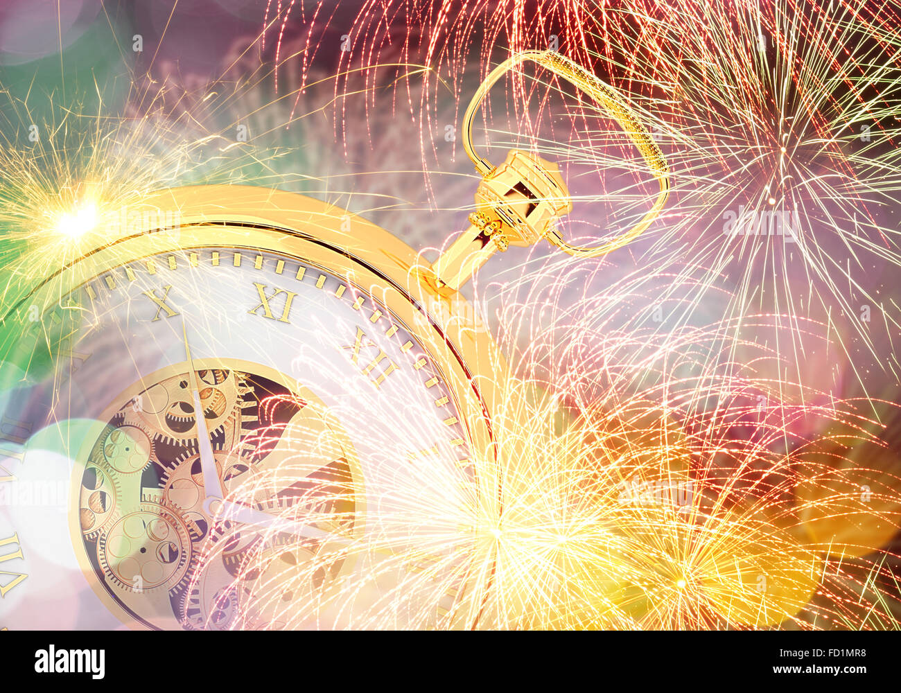 Conceptual image with pocket watch bokeh lights and fireworks Stock ...