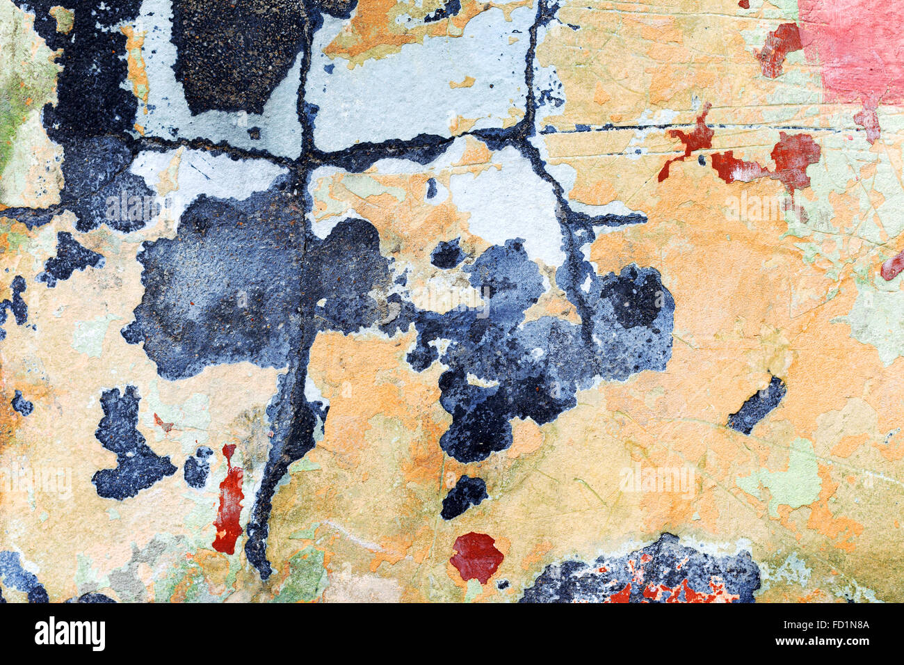 Dirty concrete wall with streaks of water, stains, cracks and scratches ...