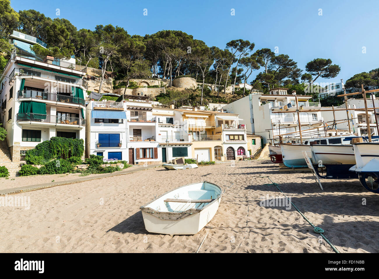 Typical fishing boats on the beach of Sa Riera in the Costa Brava ...