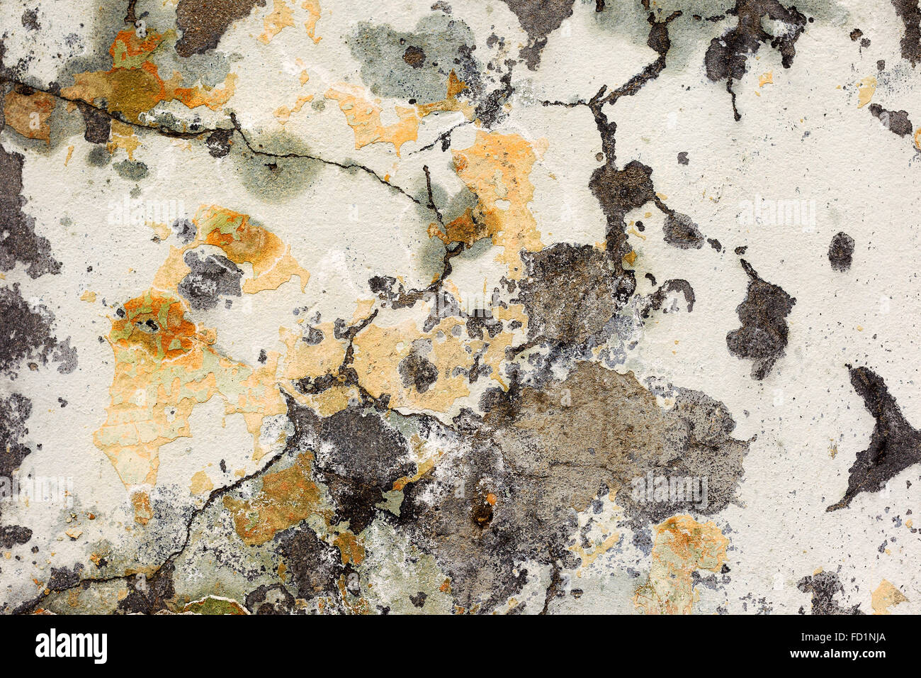 Dirty concrete wall with streaks of water, stains, cracks and scratches ...