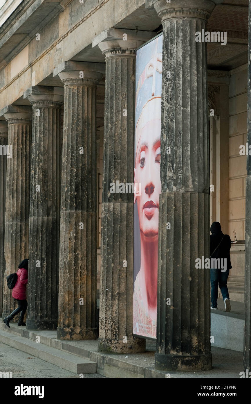 Visitors arrive at the entrance to the Neue Museum, which features a ...