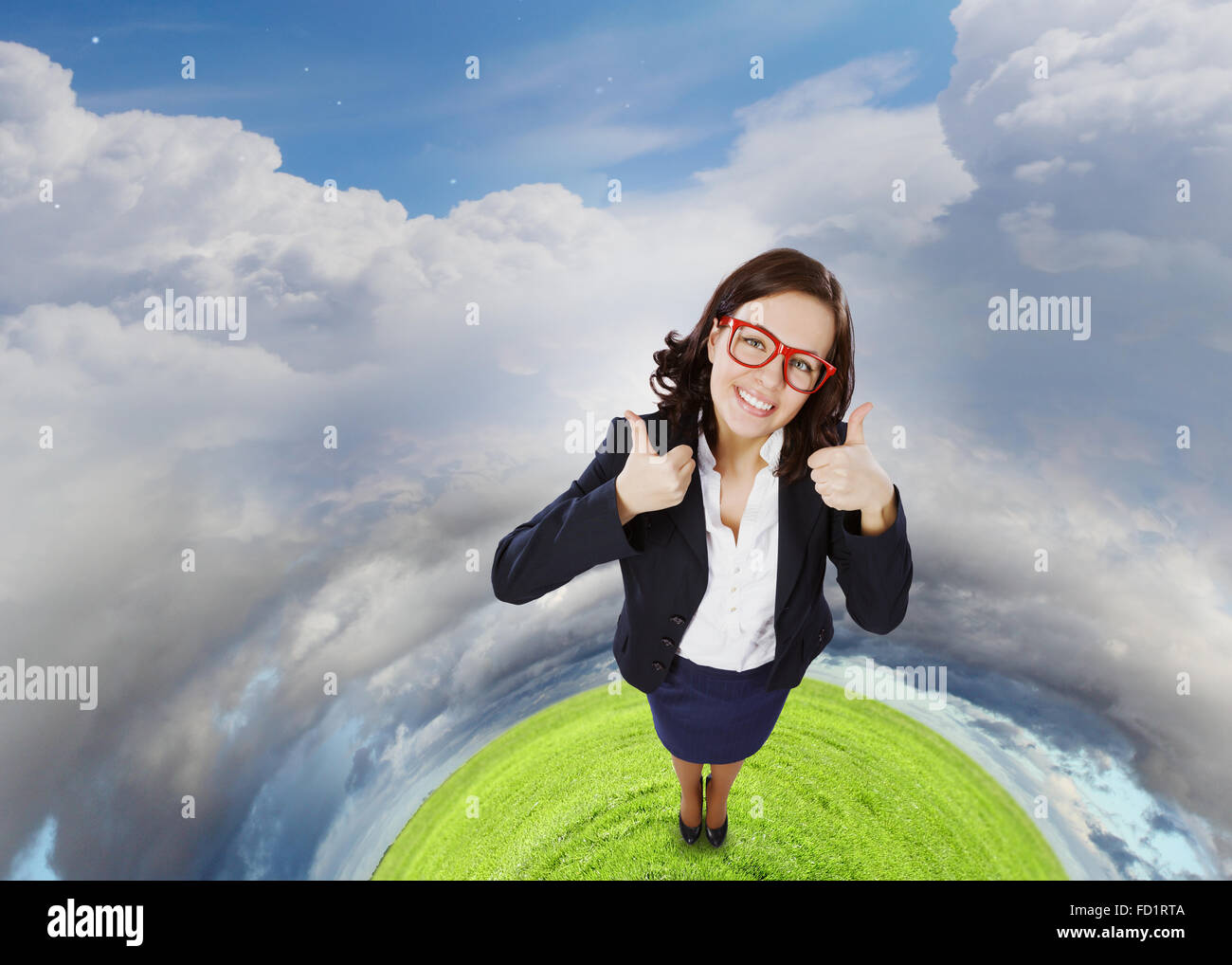 Top view of young pretty businesswoman with thumbs up Stock Photo - Alamy