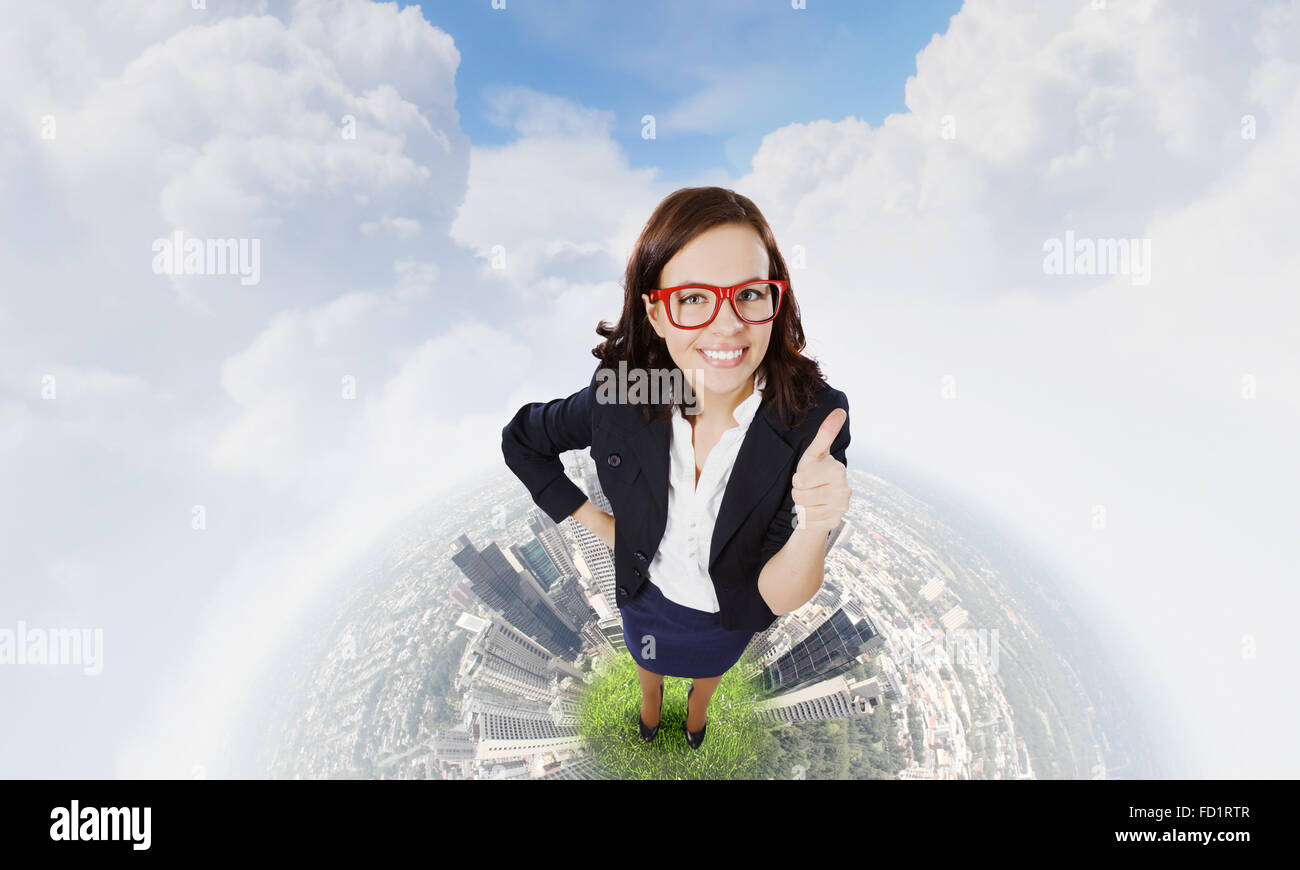Top view of young pretty businesswoman with thumbs up Stock Photo - Alamy