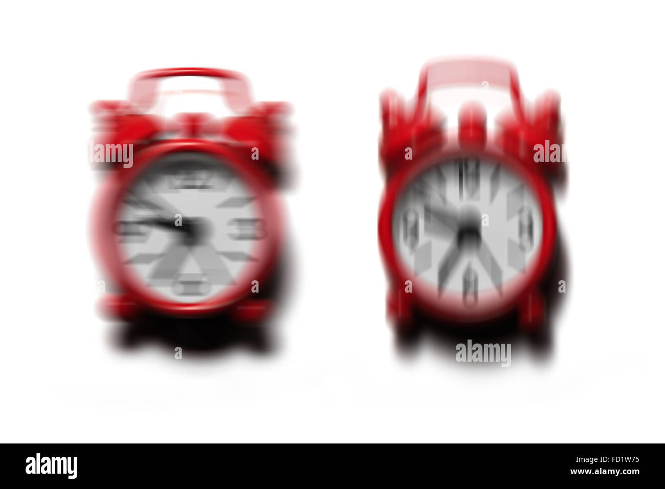 Two red alarm clocks ringing and shaking in difference direction on ...