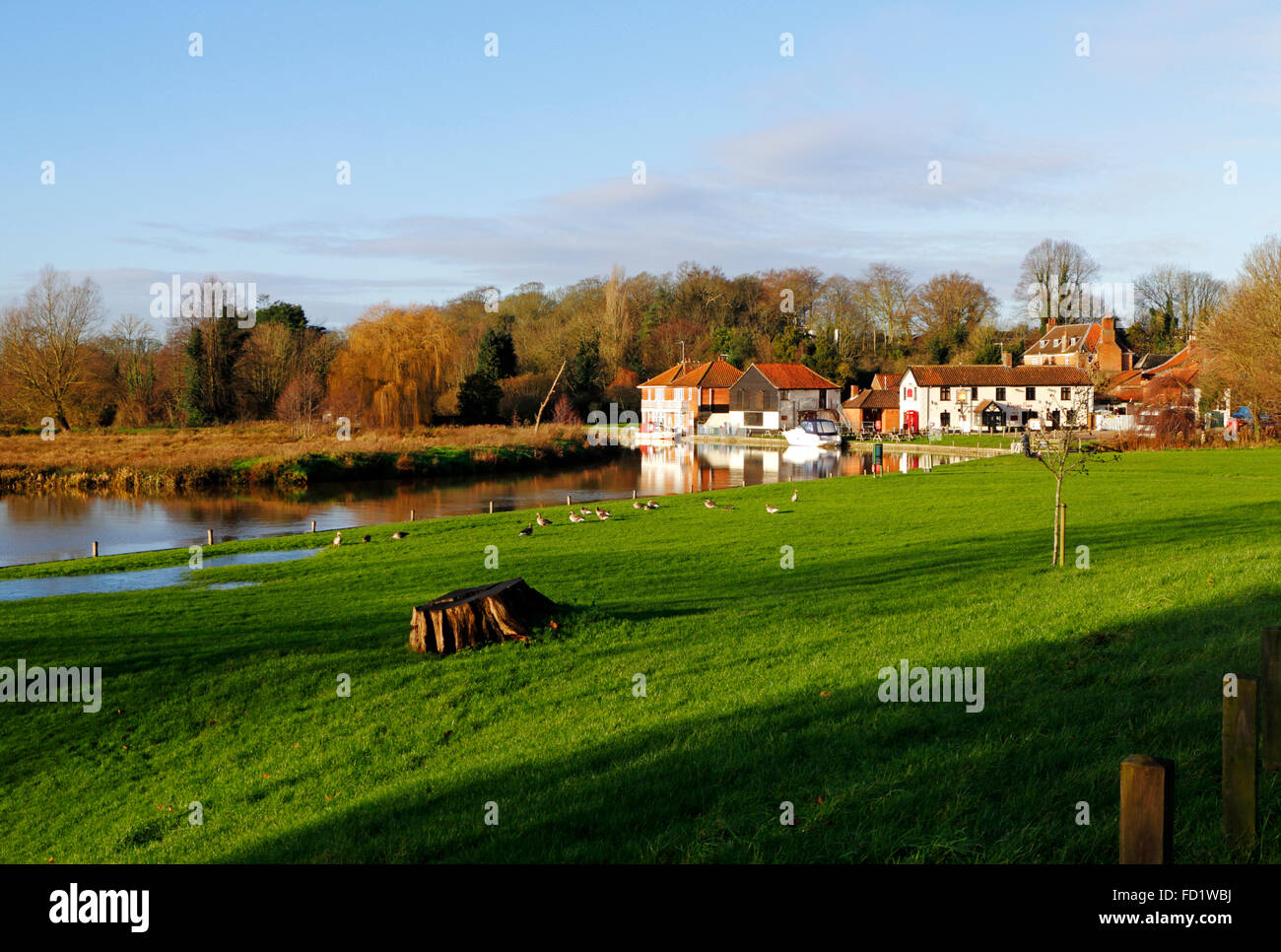 A view of the River Bure on a quiet winter day at Coltishall, Norfolk ...