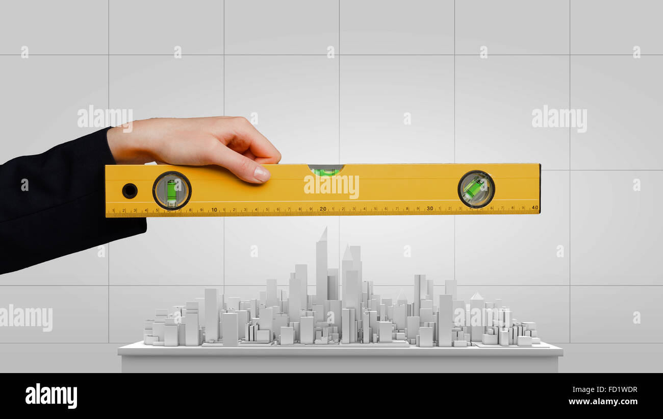 Close up of female hand measuring construction project with ruler Stock ...