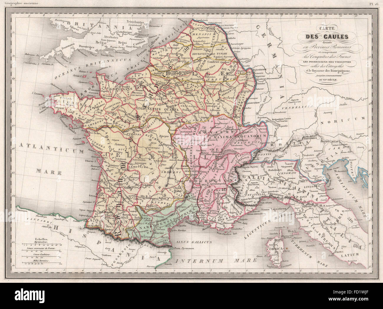 ANCIENT FRANCE Carte des Gaules. Roman provinces. Coloured.MALTE-BRUN ...