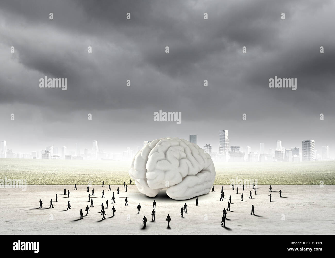 Huge human brain and many little businesspeople around Stock Photo - Alamy