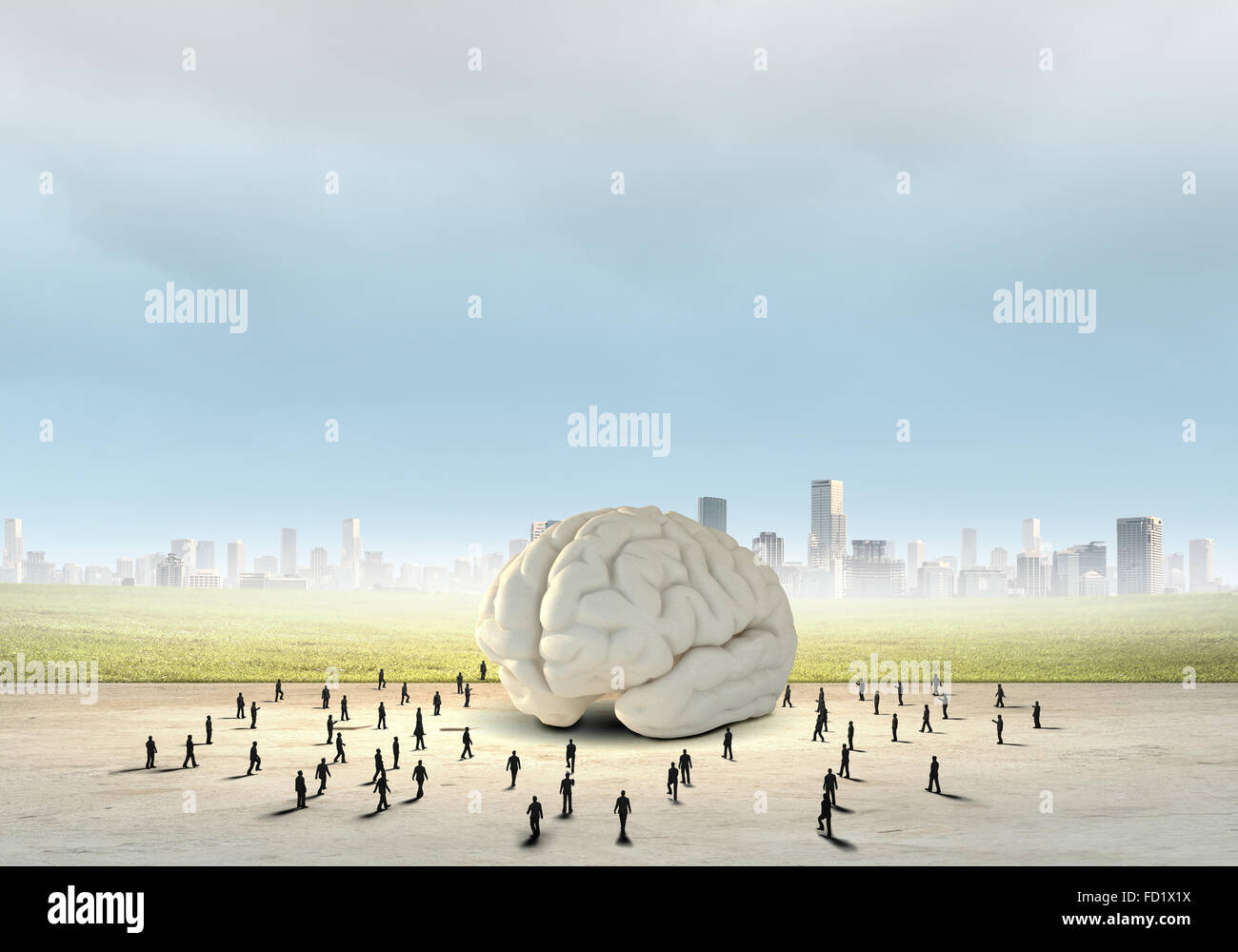 Huge human brain and many little businesspeople around Stock Photo - Alamy
