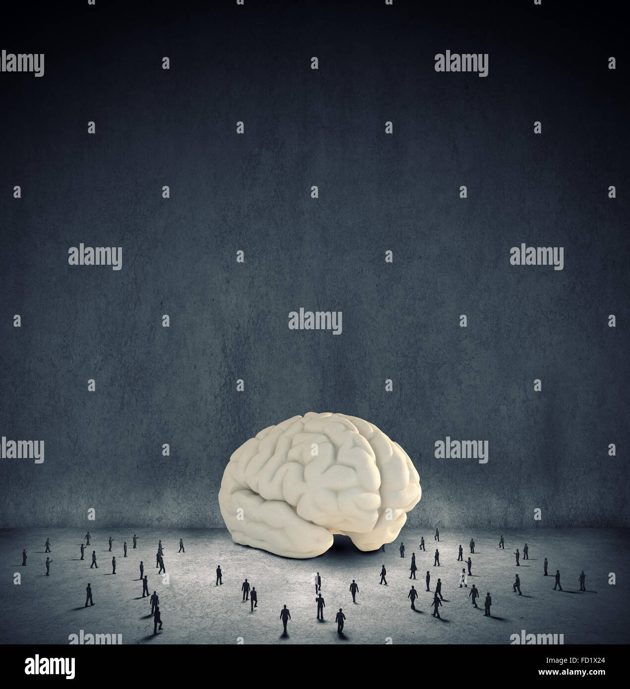 Huge human brain and many little businesspeople around Stock Photo - Alamy