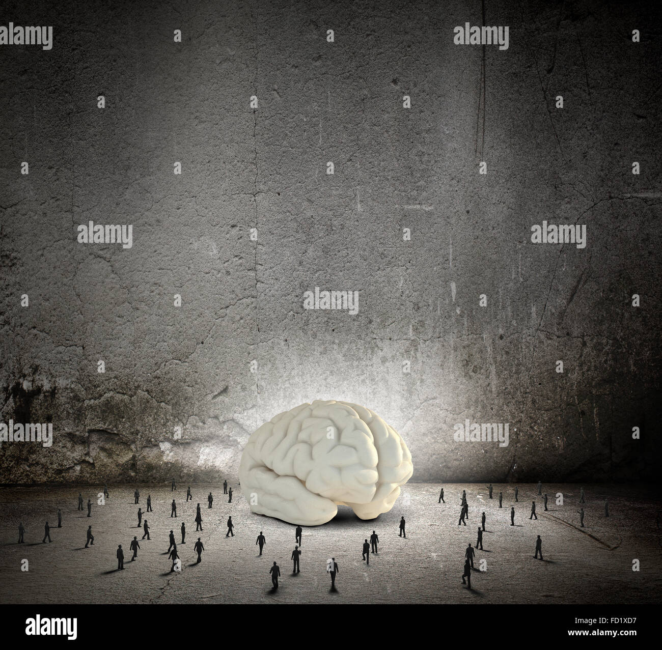 Huge human brain and many little businesspeople around Stock Photo - Alamy