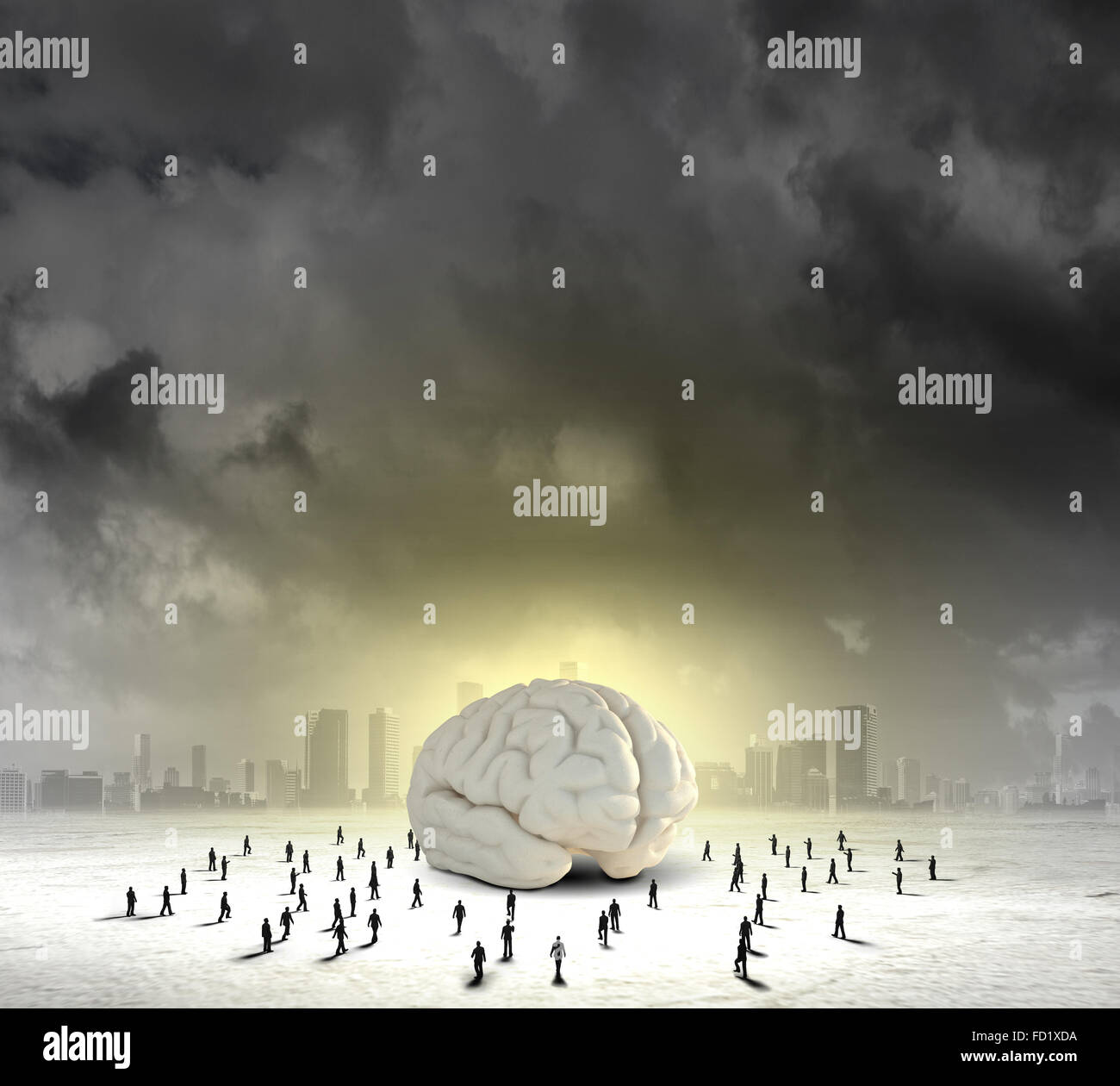 Huge human brain and many little businesspeople around Stock Photo - Alamy