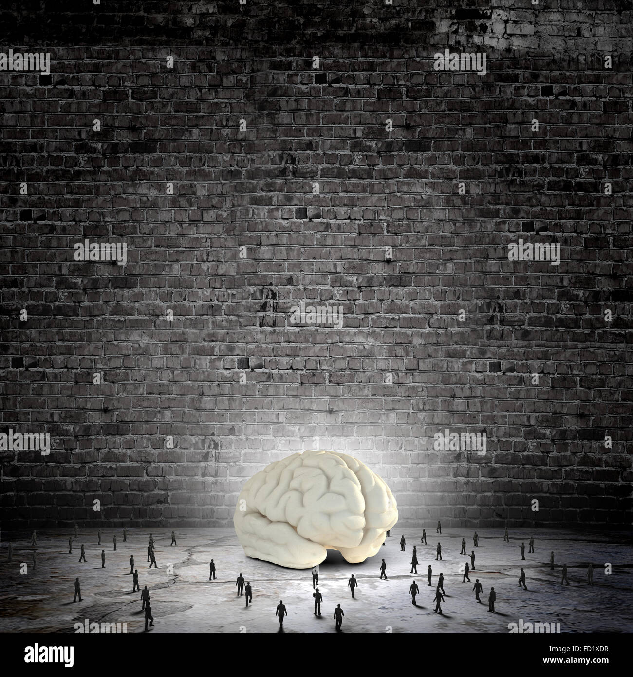 Huge human brain and many little businesspeople around Stock Photo - Alamy