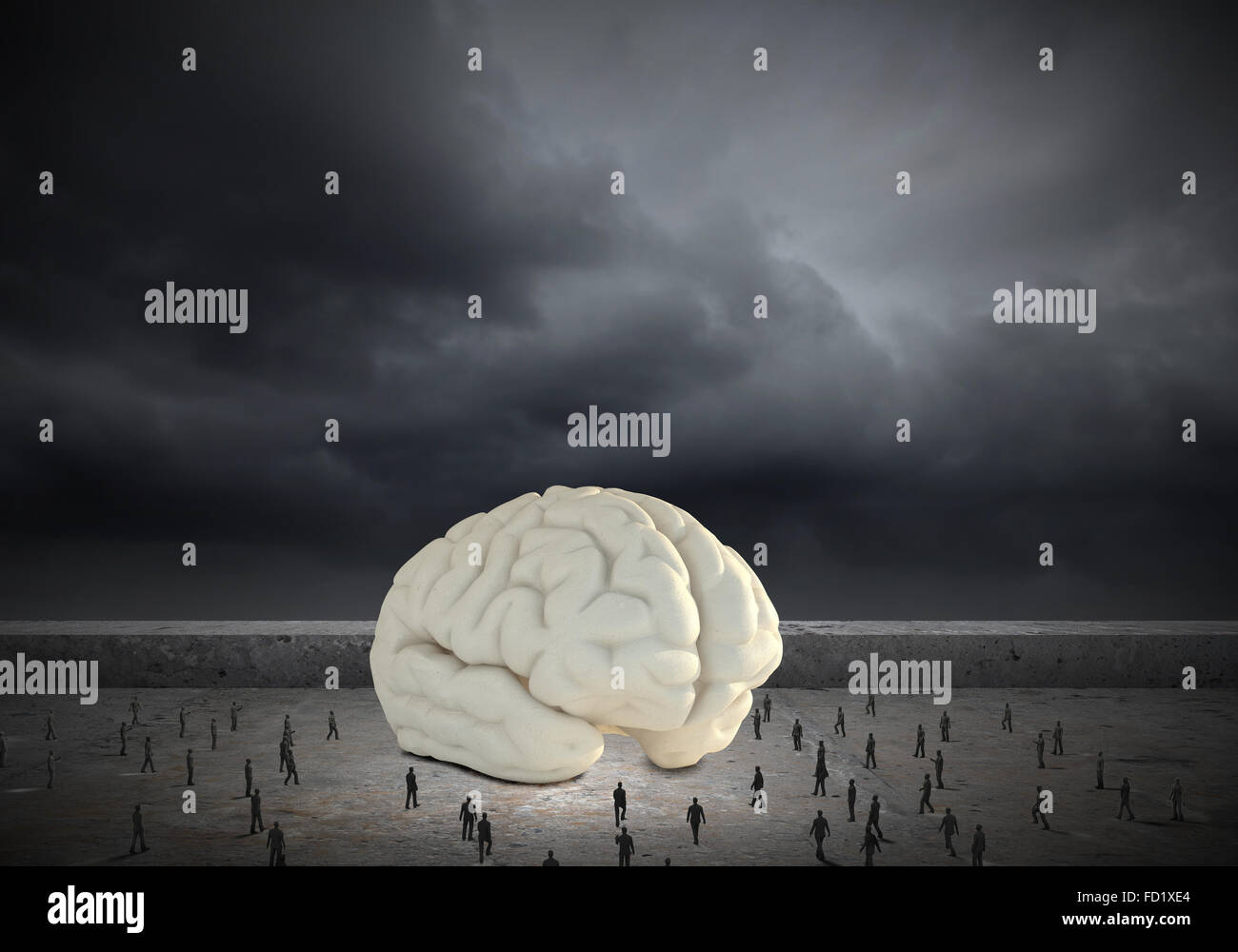 Huge human brain and many little businesspeople around Stock Photo - Alamy