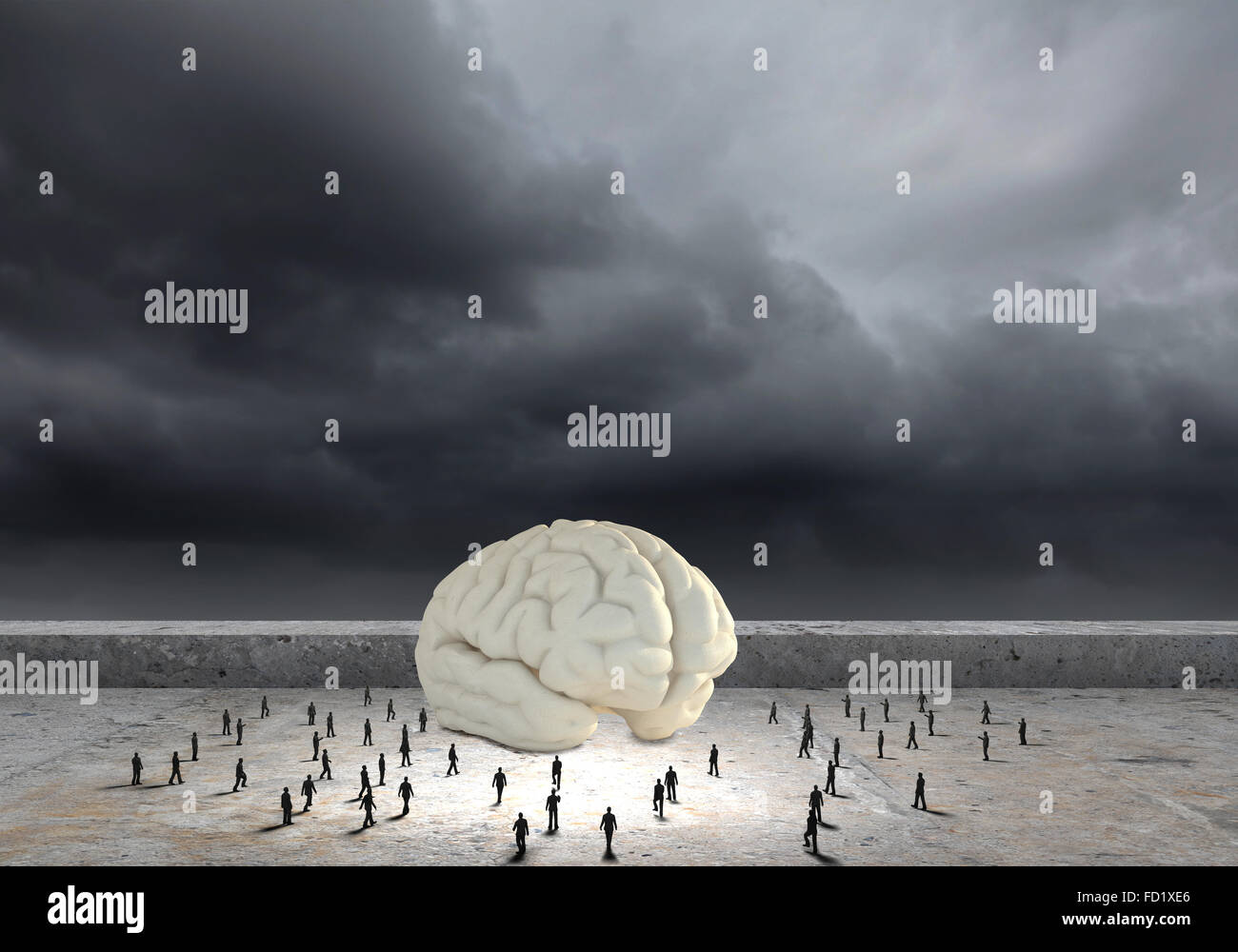 Huge human brain and many little businesspeople around Stock Photo - Alamy