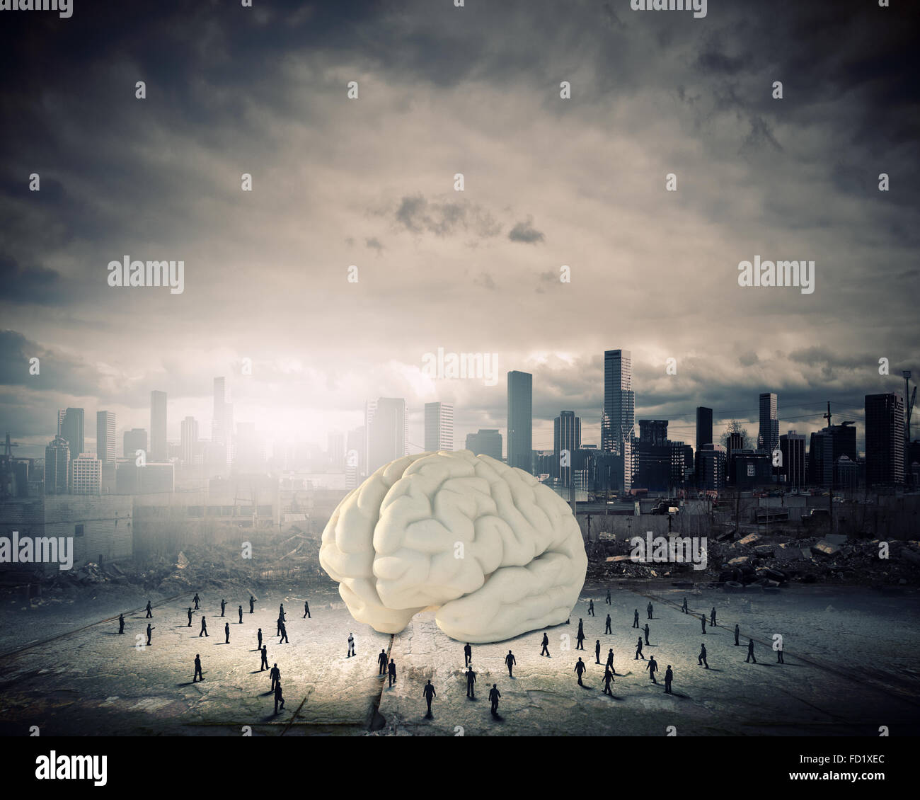 Huge human brain and many little businesspeople around Stock Photo - Alamy