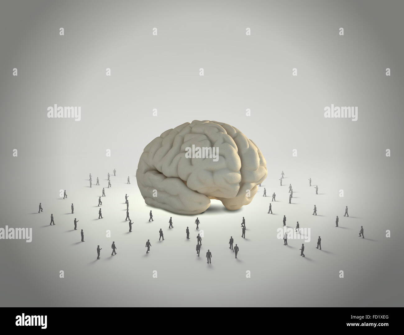 Huge human brain and many little businesspeople around Stock Photo - Alamy